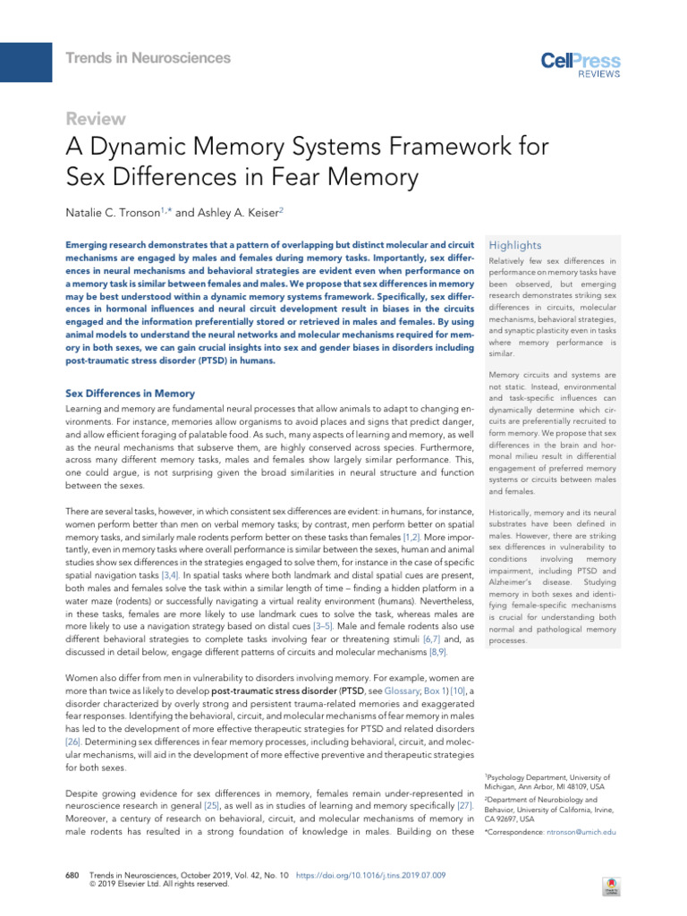 + A Dynamic Memory Systems Framework For Sex Differences in Fear Memory | PDF | Memory ...