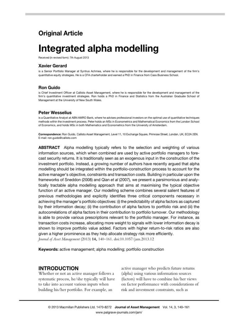 Integrated Alpha Modelling in Portfolio Management | PDF | Risk ...