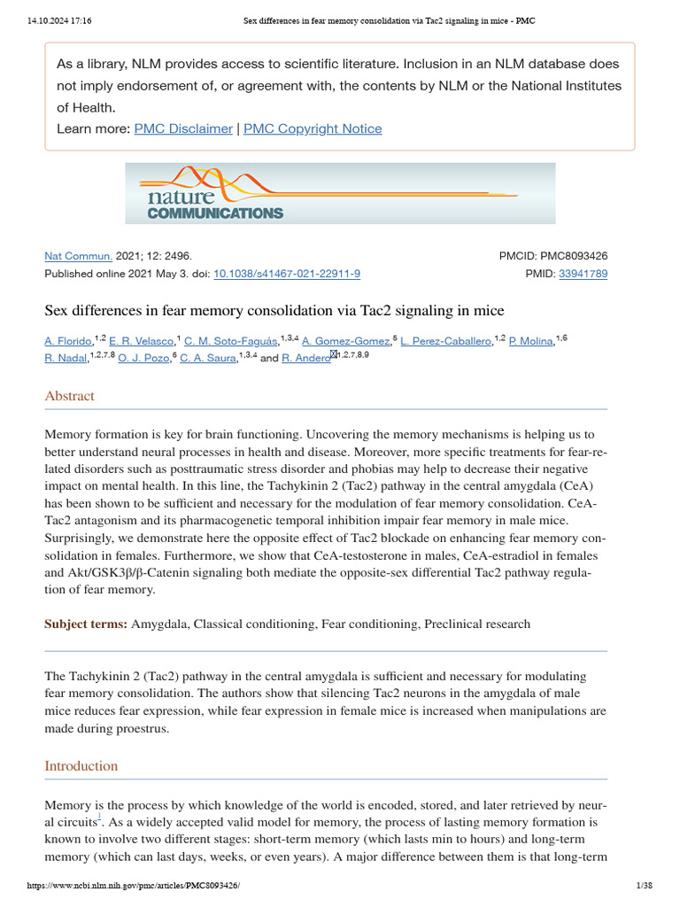 Sex Differences in Fear Memory Consolidation Via Tac2 Signaling in Mice ...