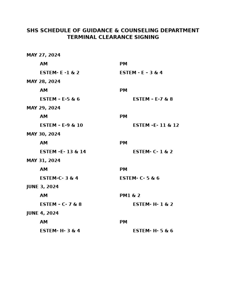Shs Schedule of GCD Terminal Clearance Signing | PDF