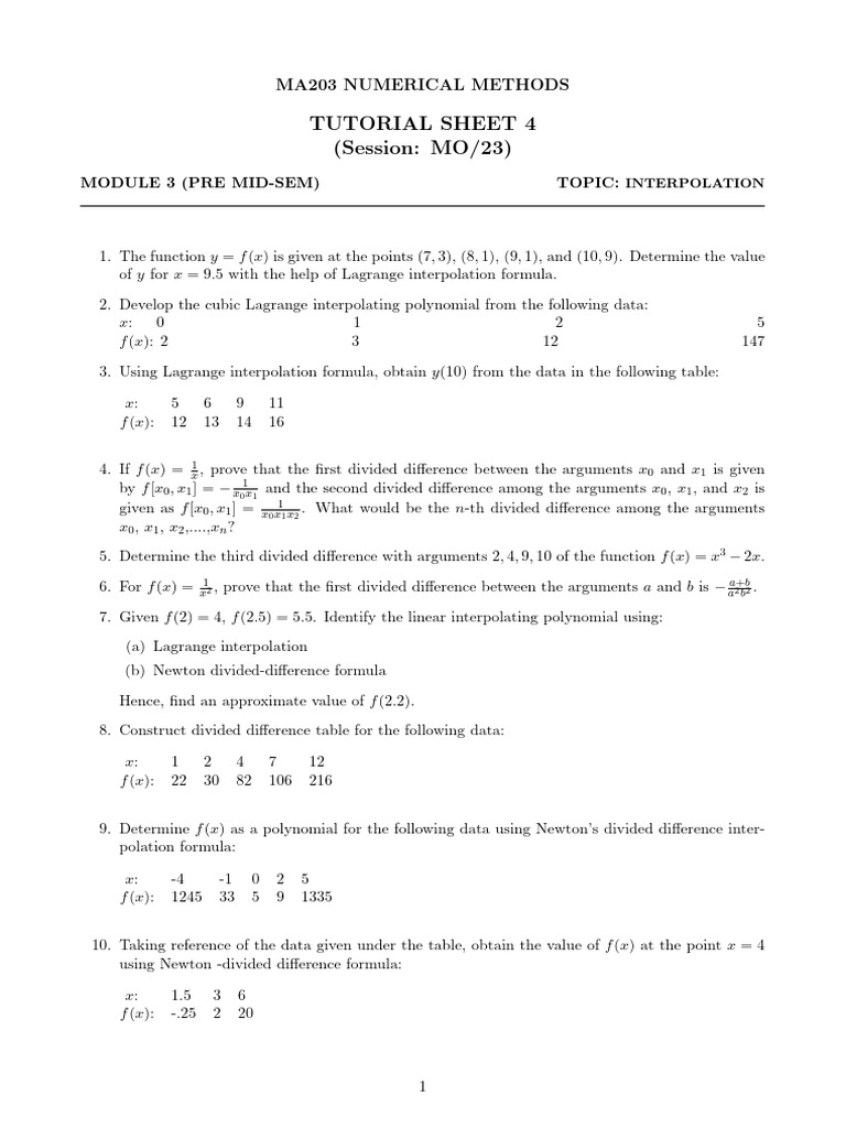 Tut-Sheet-4 Ma203 Mo23 230913 195735 | PDF | Interpolation | Applied Mathematics