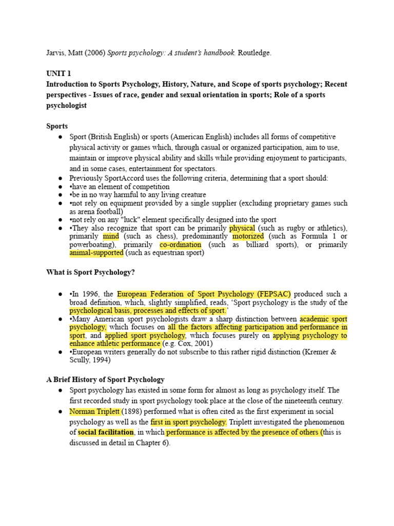 Sports Psychology Notes | PDF | Psychology | Behavioural Sciences