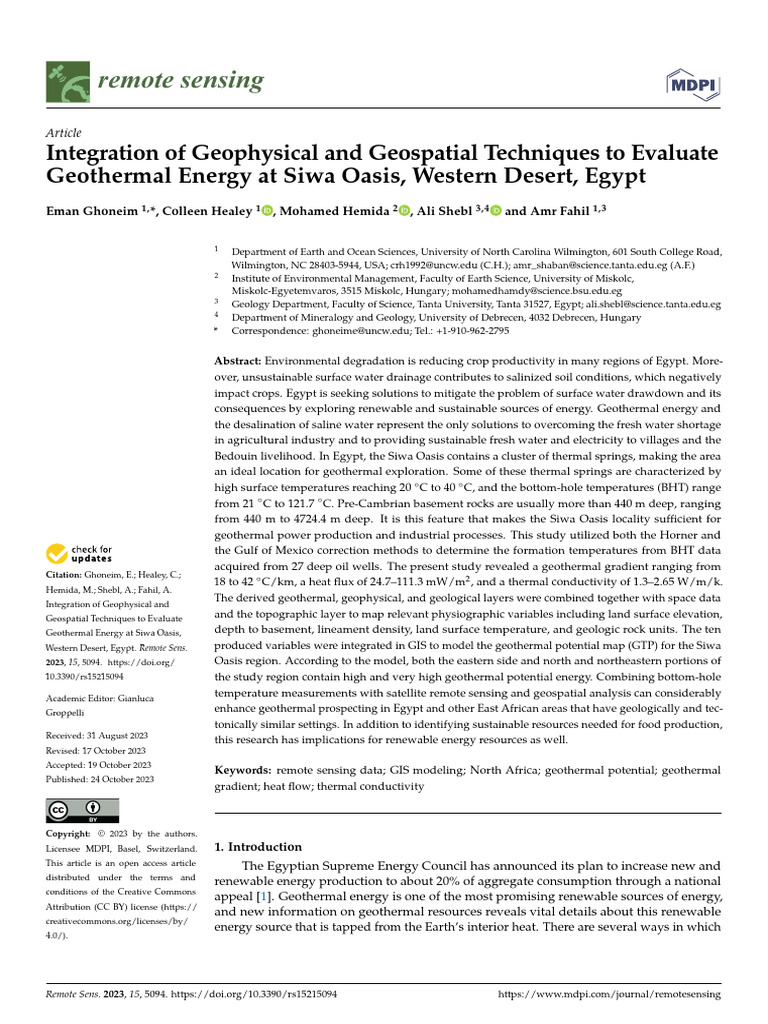 Integration of Geophysical and Geospatial Techniques to Evaluate Geothermal Energy at Siwa Oasis ...