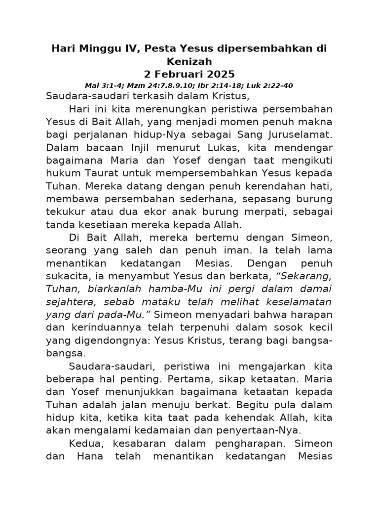 Persembahan Yesus: Ketaatan dan Harapan | PDF