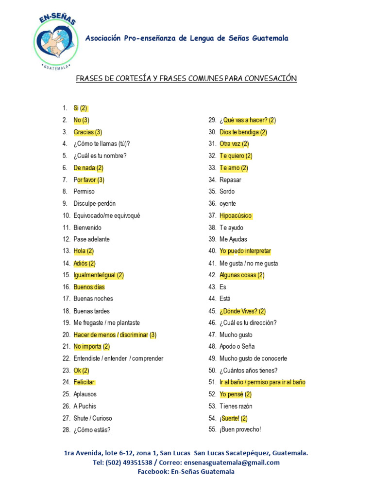 Vocabulario de Frases de Cortesía y Conversacion En-Señas | PDF