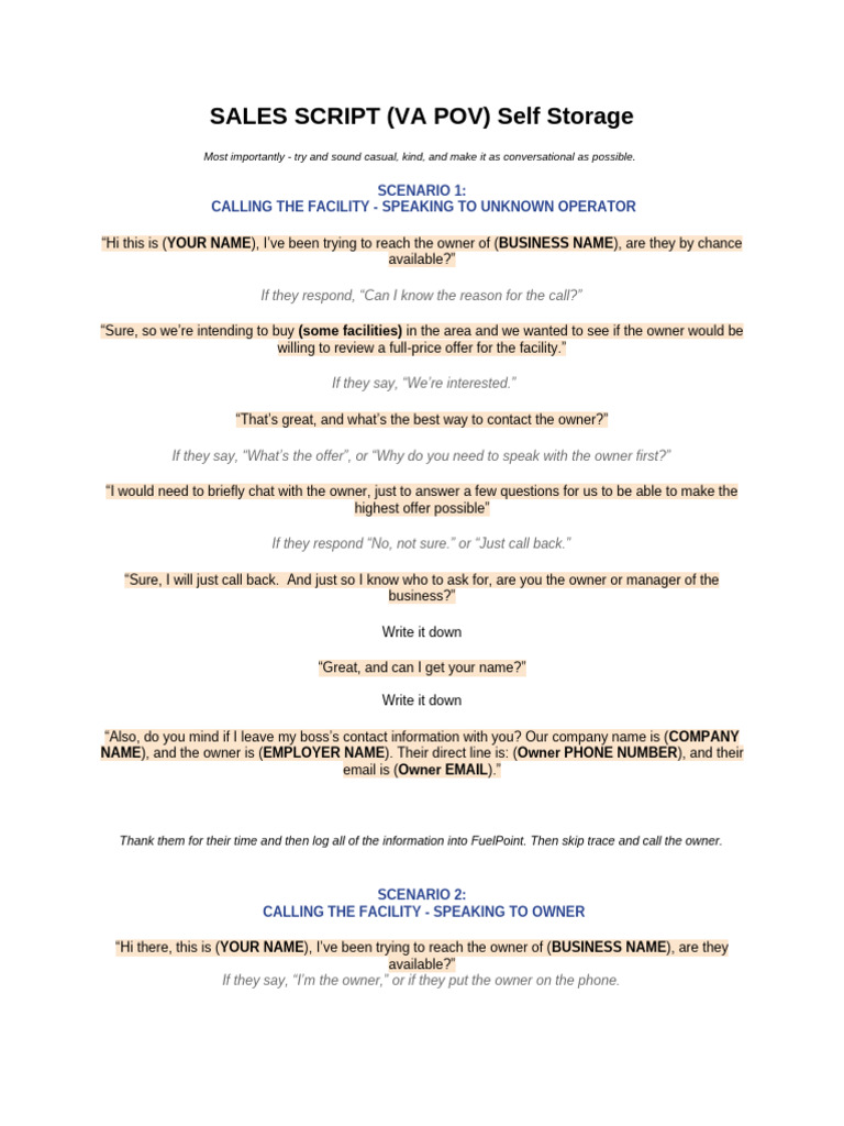 Sales Script (LM POV) Self Storage | PDF
