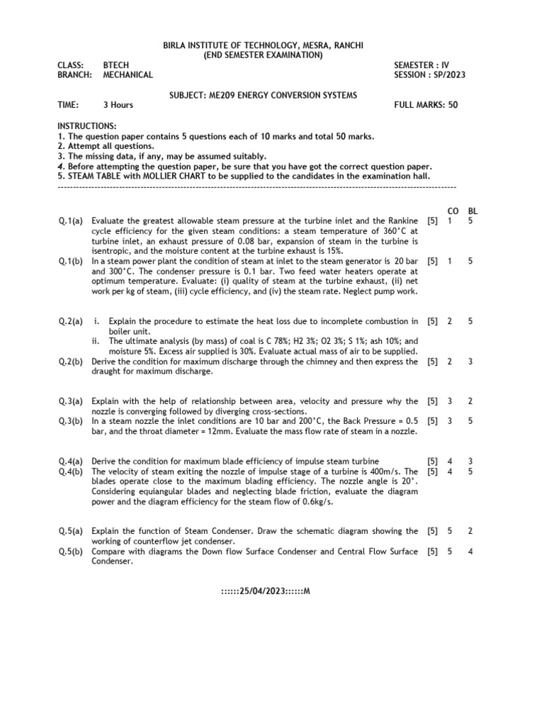 Me209 Energy Conversion Systems (End - SP23) | PDF | Steam | Nozzle