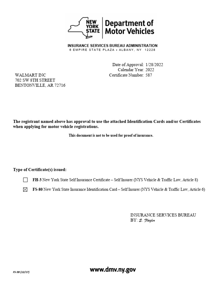 Walmart NY Self-Insurance Certificate | PDF | Department Of Motor ...