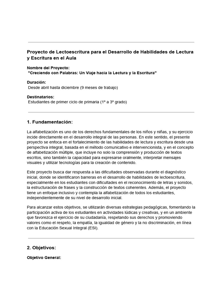 Proyecto de Lectoescritura Primaria | PDF | Literatura | Escritura