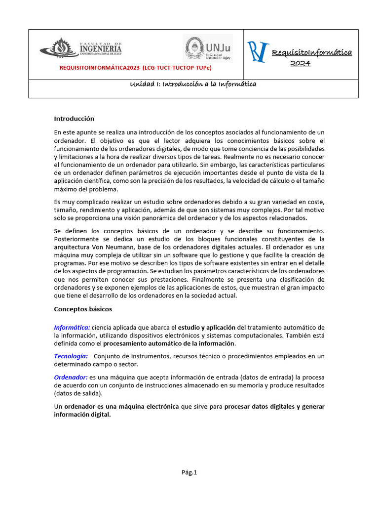 Teoria U1 - Apunte | PDF | Hardware de la computadora | Periférico