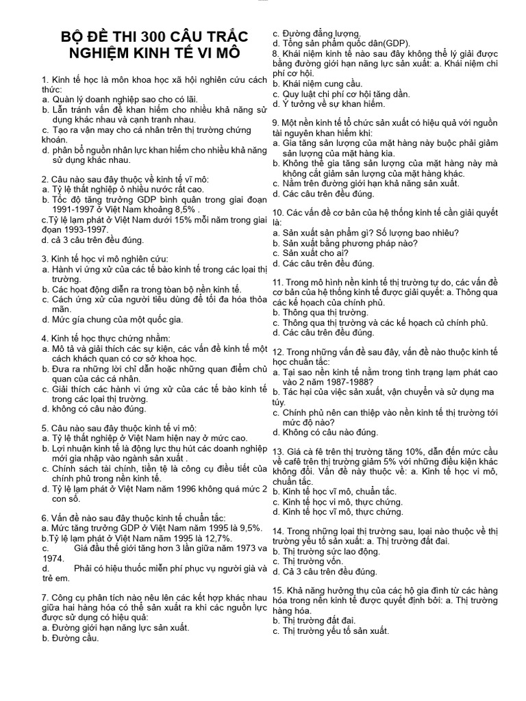 Bo de Thi Trac Nghiem Kinh Te Vi Mo Truong Dai Hoc Kinh Te Luat 119005 | PDF