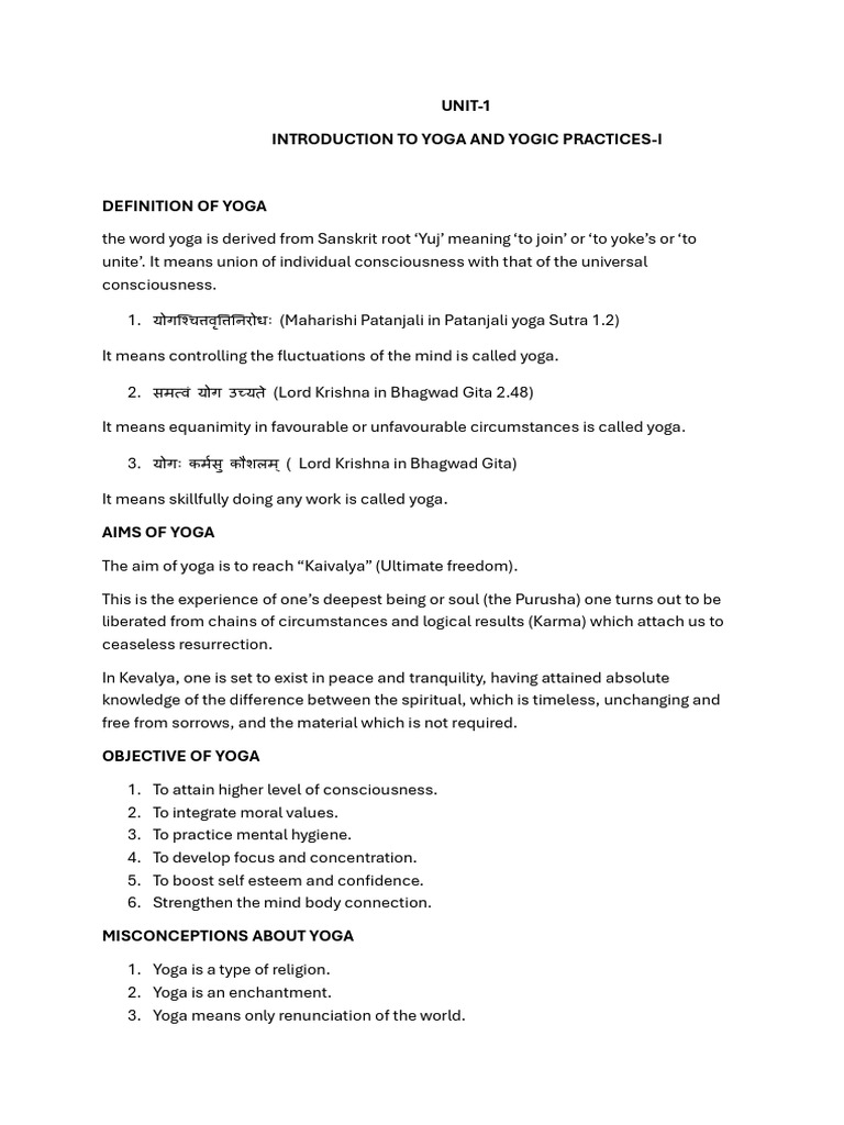 Notes of Unit-1 Yoga XI Class | PDF | Asana | Yoga