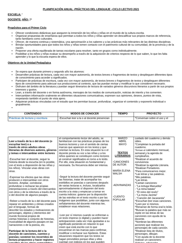 Planificación Anual PDL | PDF | Escritura | Escuelas