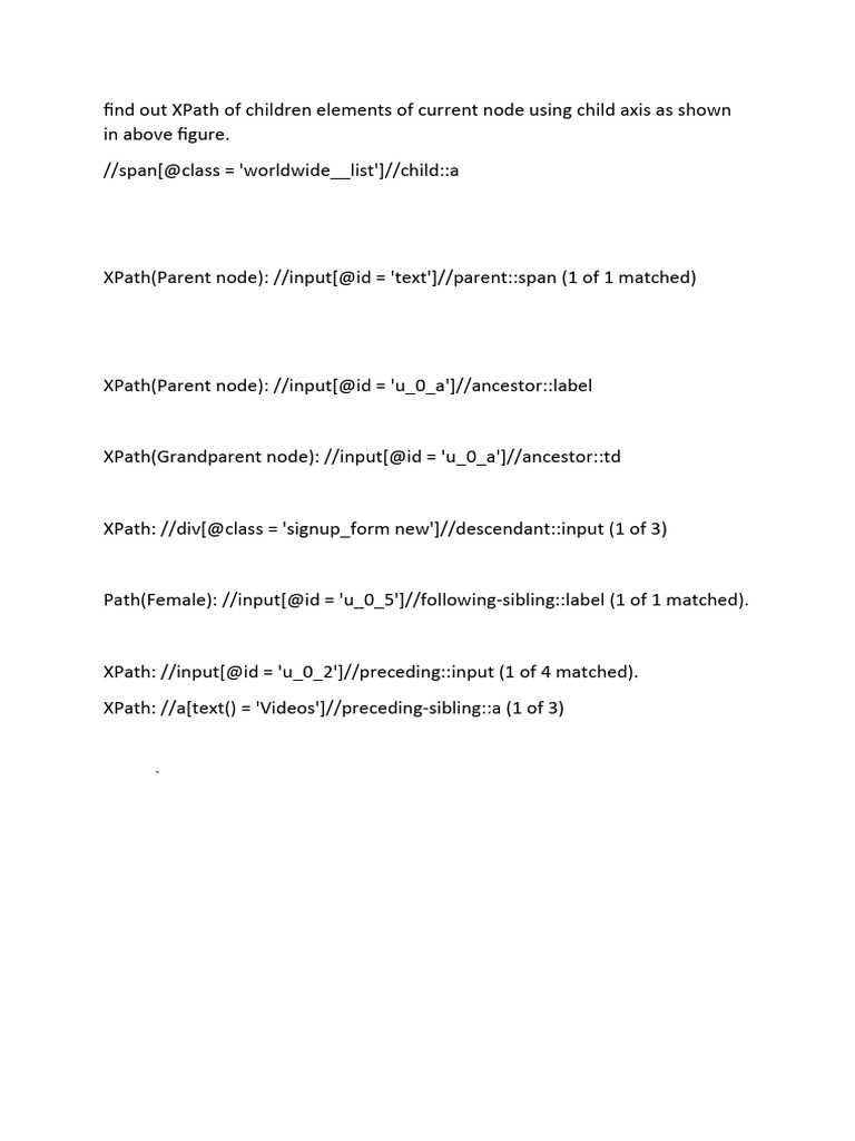 Find Out XPath of Children Elements of Current Node Using Child Axis As Shown in Above Figure | PDF