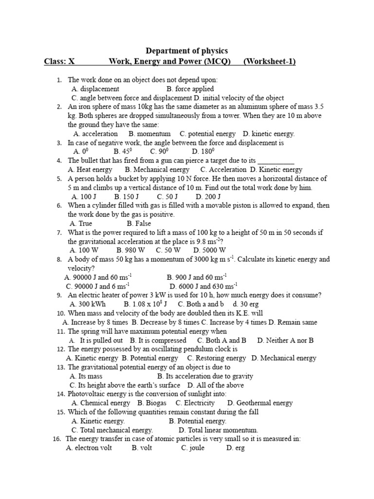 Mcq's work, energy and power 2 by Department Physics ICSE. | PDF ...