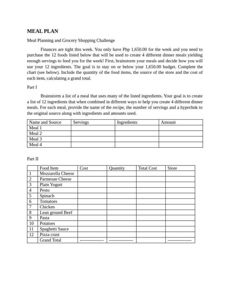Week 2-3_activity_meal Plan and Grocery Challenge | PDF