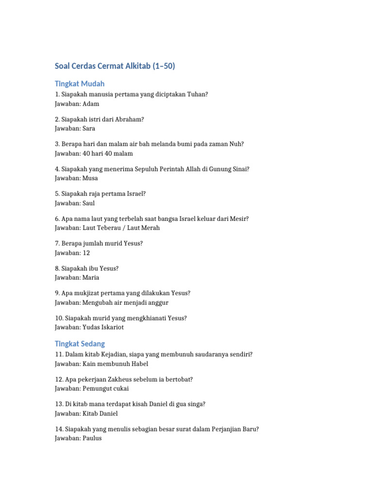 Soal Cerdas Cermat Alkitab 1-50 | PDF