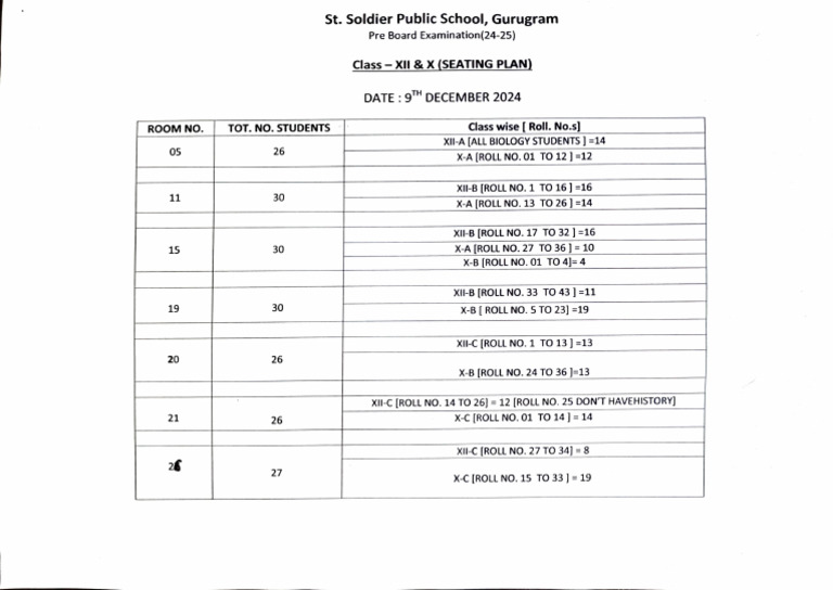 Seating Plan for XII and X( 9dec 2024) | PDF