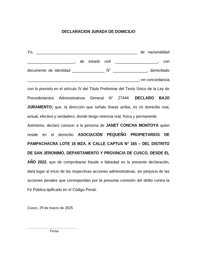 Declaración Jurada Simple de Domicilio (Modelo B) | PDF