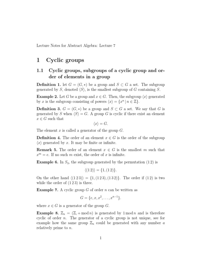 Lecture 7 Cyclic Groups | PDF | Group (Mathematics) | Abstract Algebra