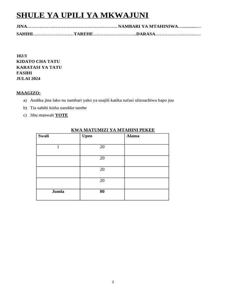 KISWAHILI F3 PP3 Exams | PDF