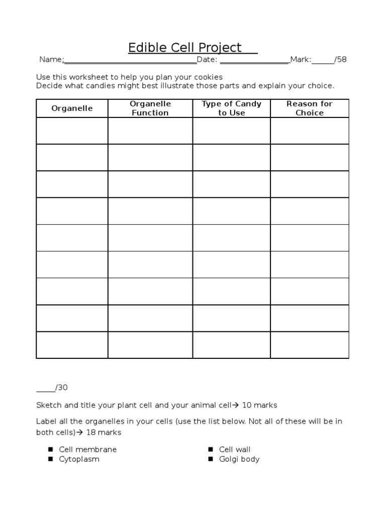 Edible Cell Worksheet | PDF | Cytoplasm | Organelle