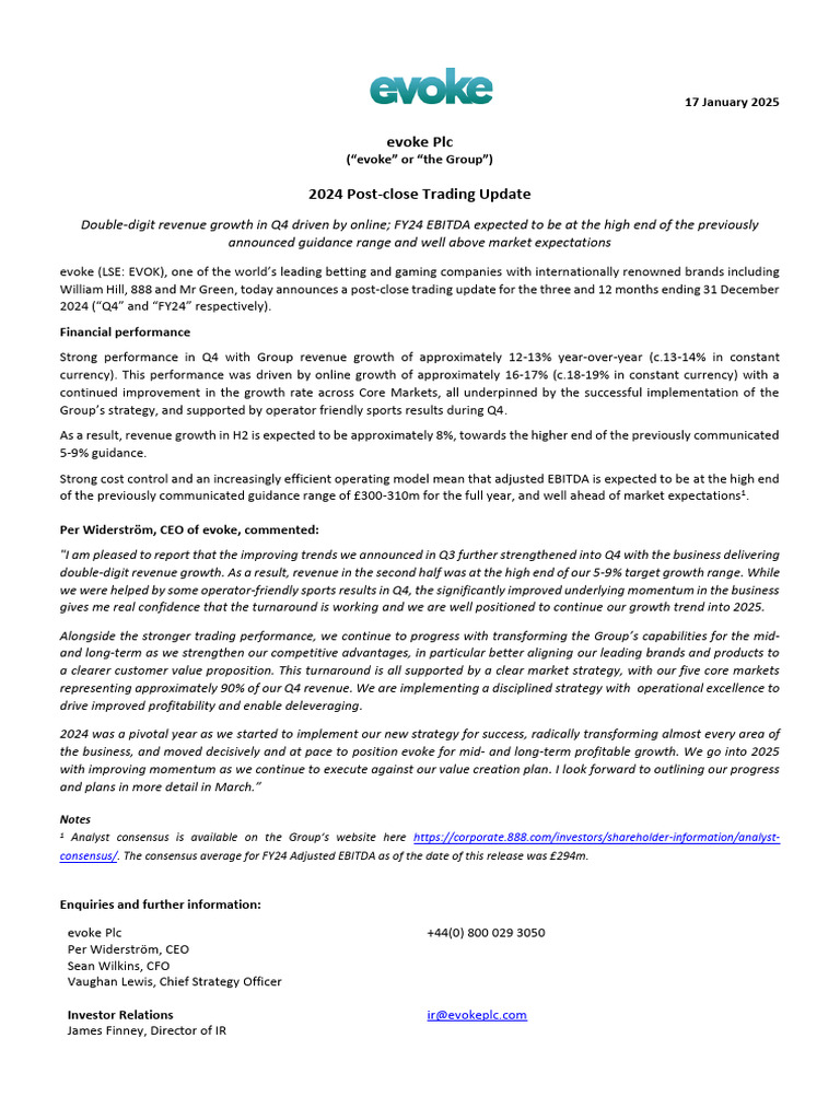 Evoke FY24 Trading Update | PDF | Risk | Forecasting