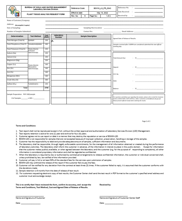 Ls 0043 Plant Tissue Analysis Request Form Rev9 | PDF | Sulfate | Iron