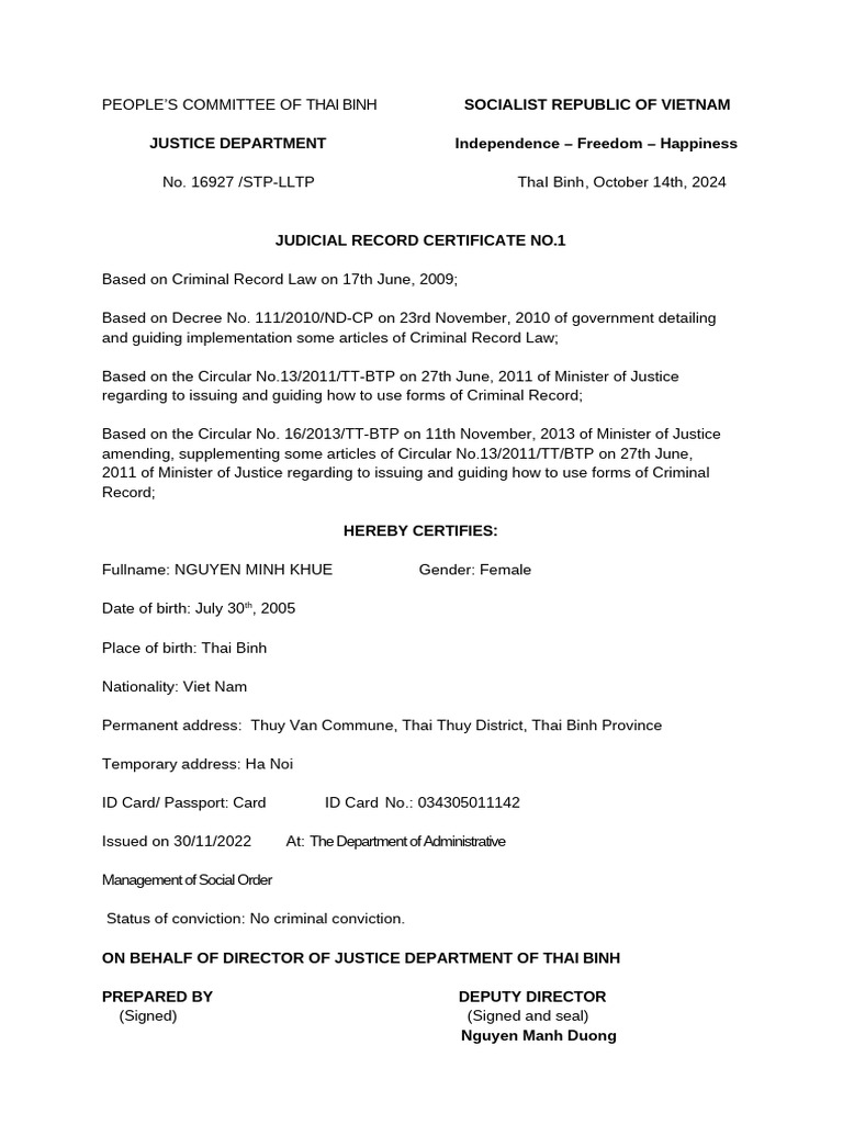 Judicial Record Certificate in English | PDF