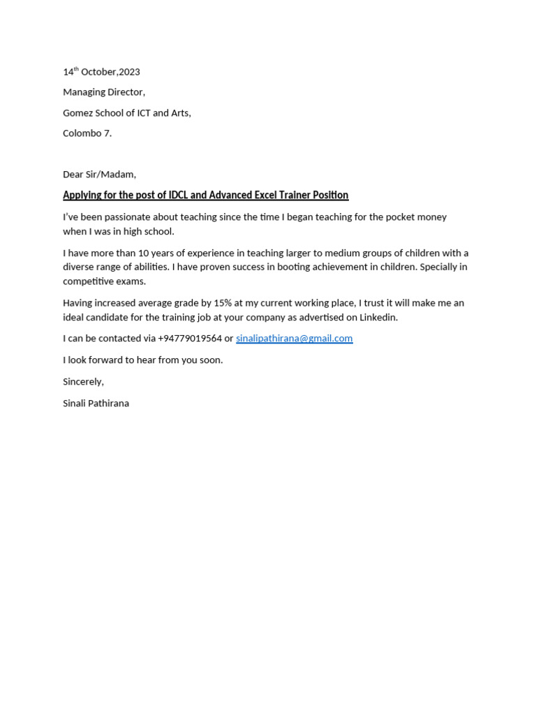 Application for IDCL Trainer Position | PDF