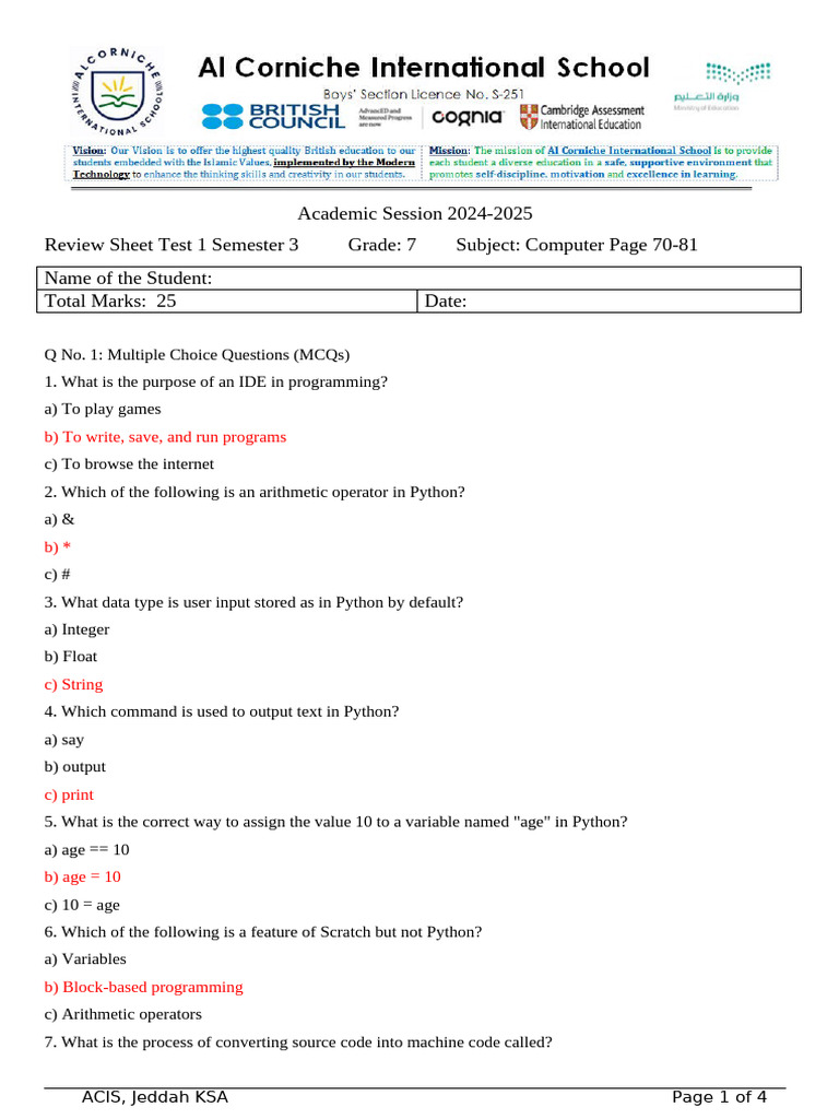 Computer 7 Review Sheet Test 1 Semester 3 PG 70 - 81 | PDF | Python ...
