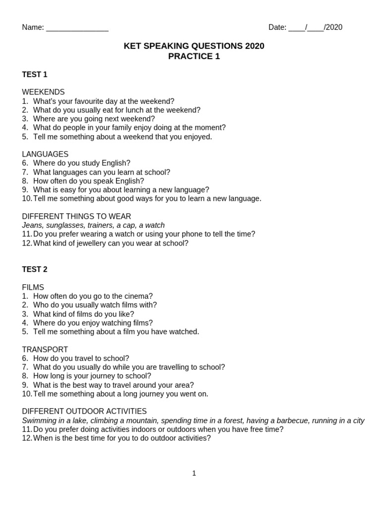 KET Speaking Practice Questions 2020 | PDF | Lunch