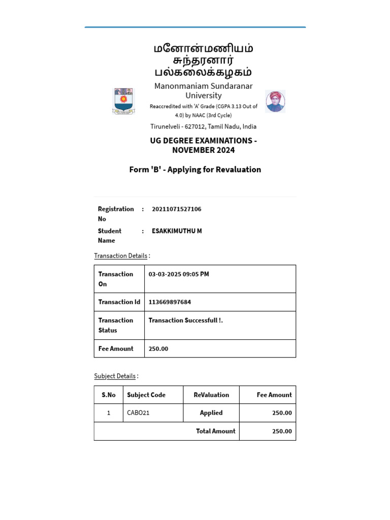 Manonmaniam Sundaranar University: Ug Degree Examinations - November 2024 Form 'B' - Applying ...