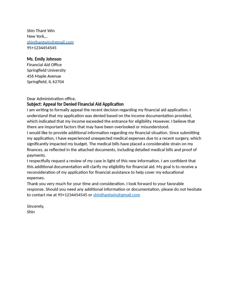 Financial Aid Appeal Letter Example | PDF