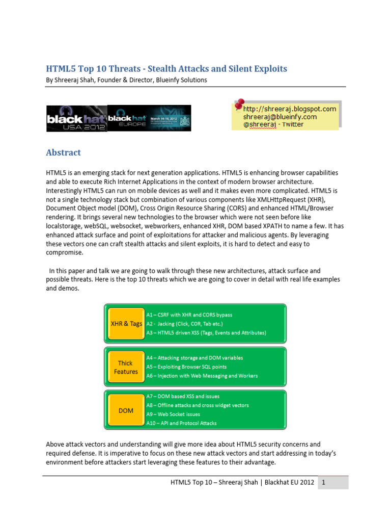 (BLUEINFY SOLUTIONS) (HTML5 Top 10 Threats - Stealth Attacks and Silent Exploits by Shreeraj ...