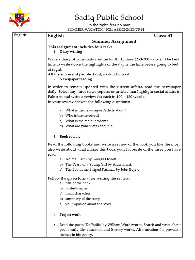 S1 SUMMER VACATION ASSIGNMENTS 2024 | PDF | Central Nervous System ...