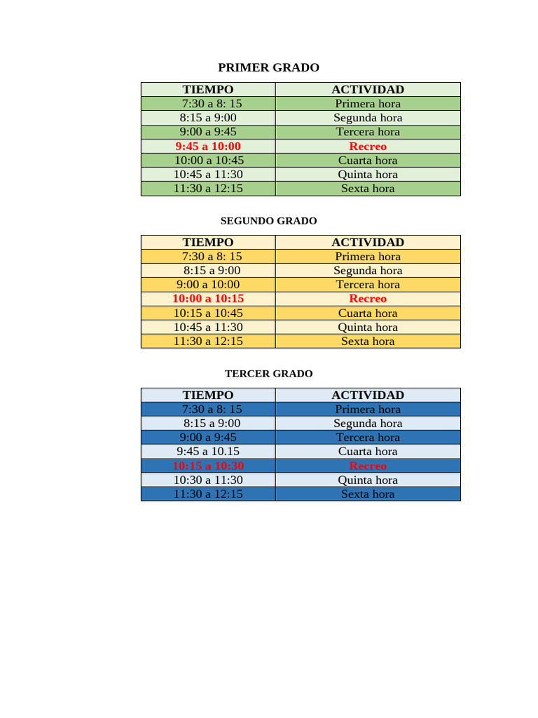 Horario Escolar por Grado | PDF