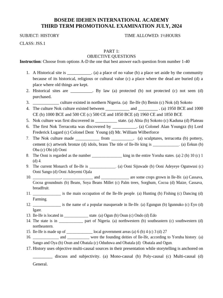 JSS1 History Exam Questions 2024 | PDF | Nigeria