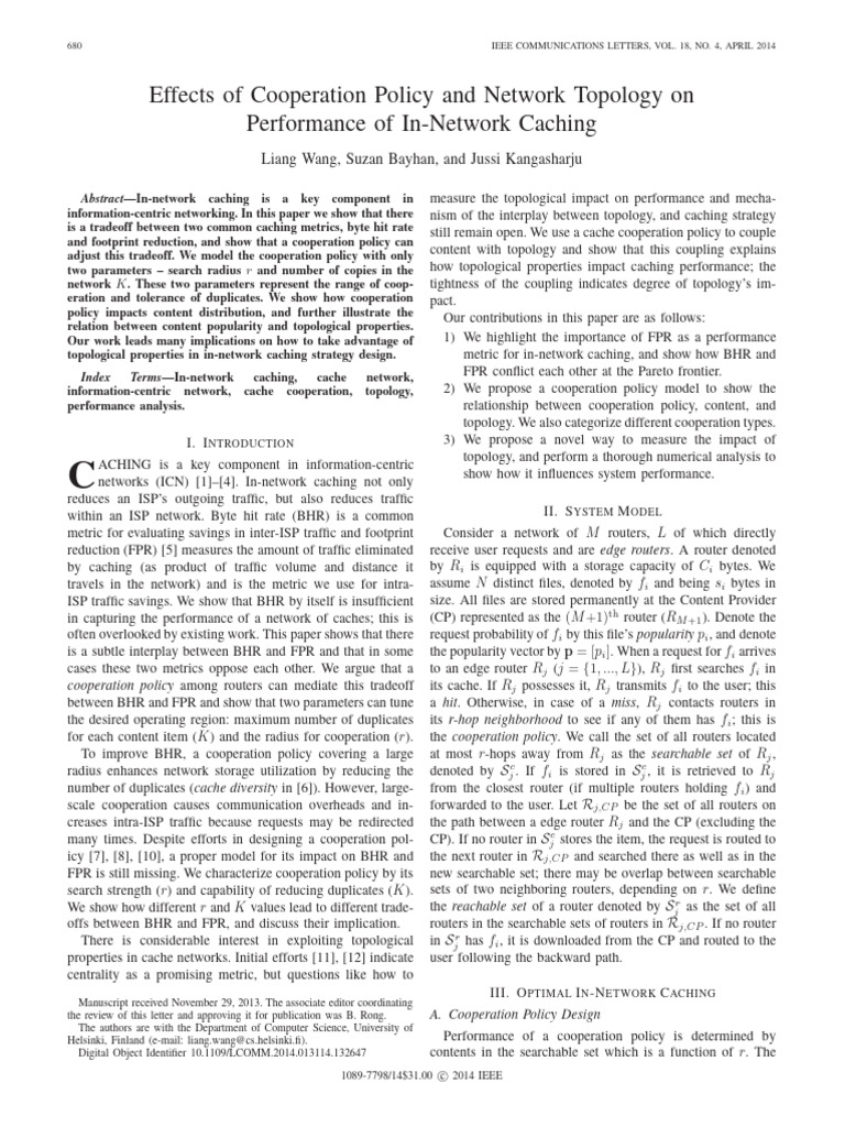 Effects of Cooperation Policy and Network Topology On Performance of In-Network Caching | PDF ...