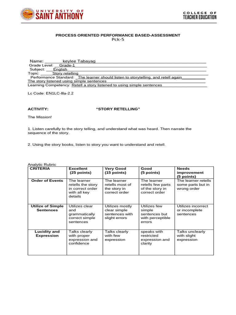 Process Oriented Performance-Based Assessment | PDF | Learning | Storytelling