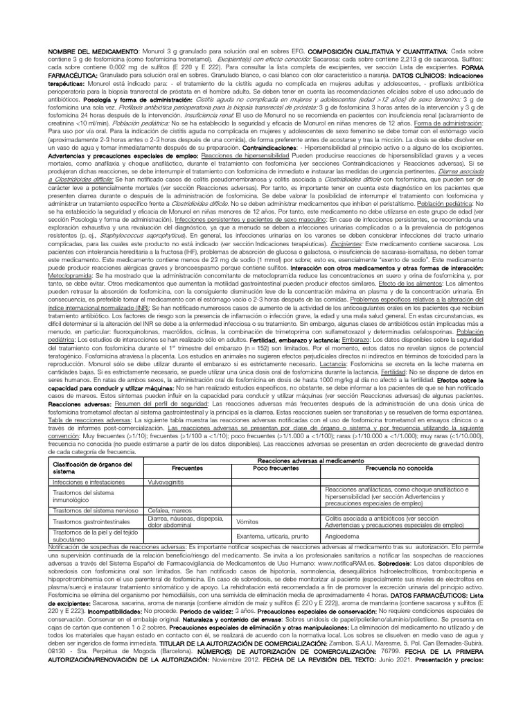 Monurol 3g: Indicaciones y Precauciones | PDF | Cancer de prostata ...