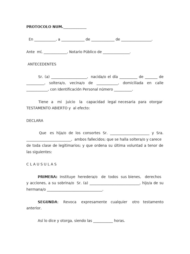 Testamento de Persona Soltera Que Carece de Toda Clase de Legitimarios ...