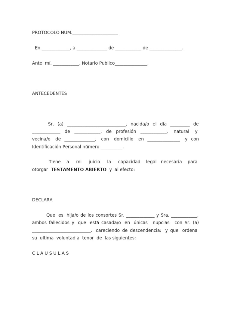 Testamento Abierto: Protocolo Notarial | PDF