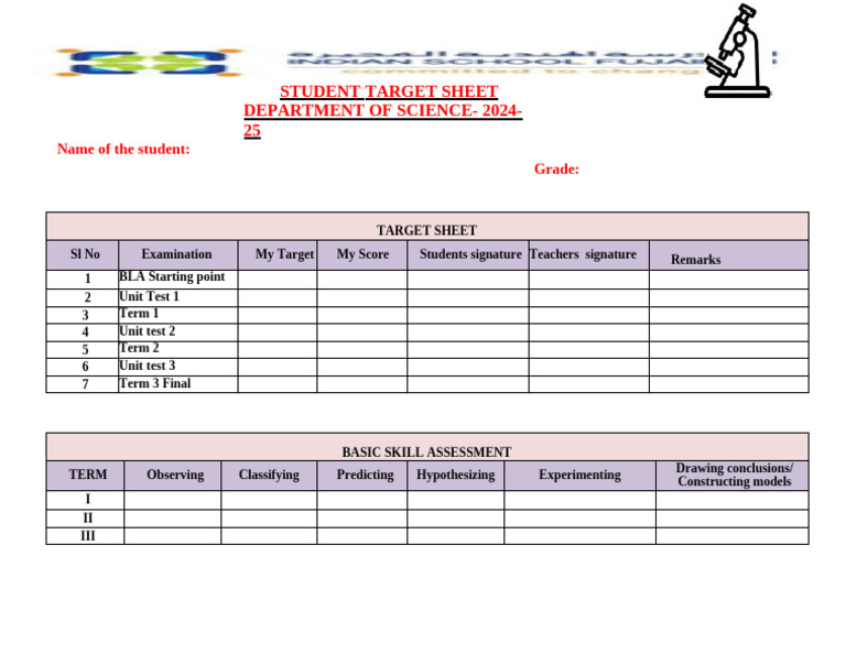 Student Target Sheet Department OF Science-2024 - 25 | PDF