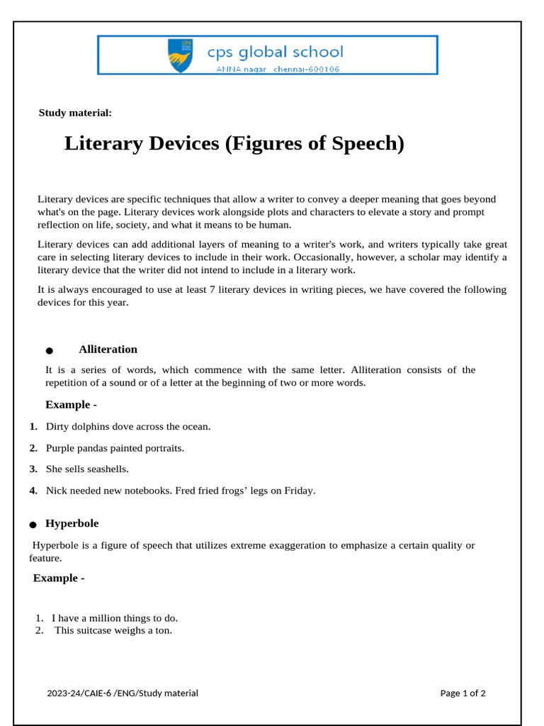 Literary Devices for Grade 6 Students | PDF