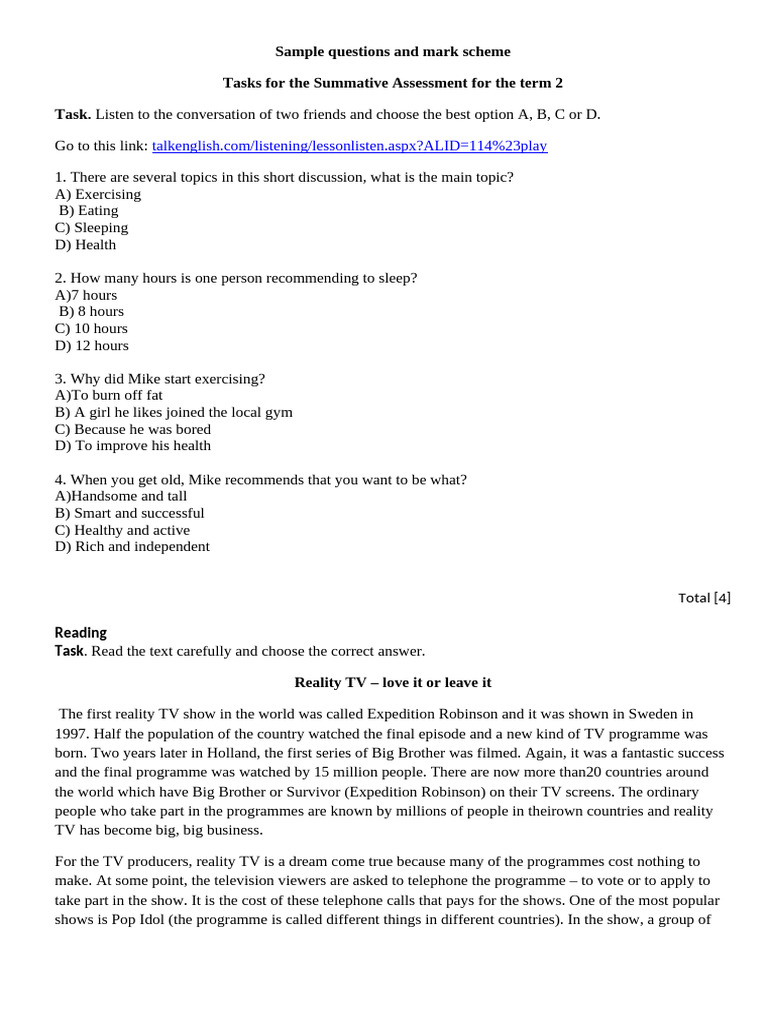 8th Grade English Assessment Tasks | PDF | Reality Television