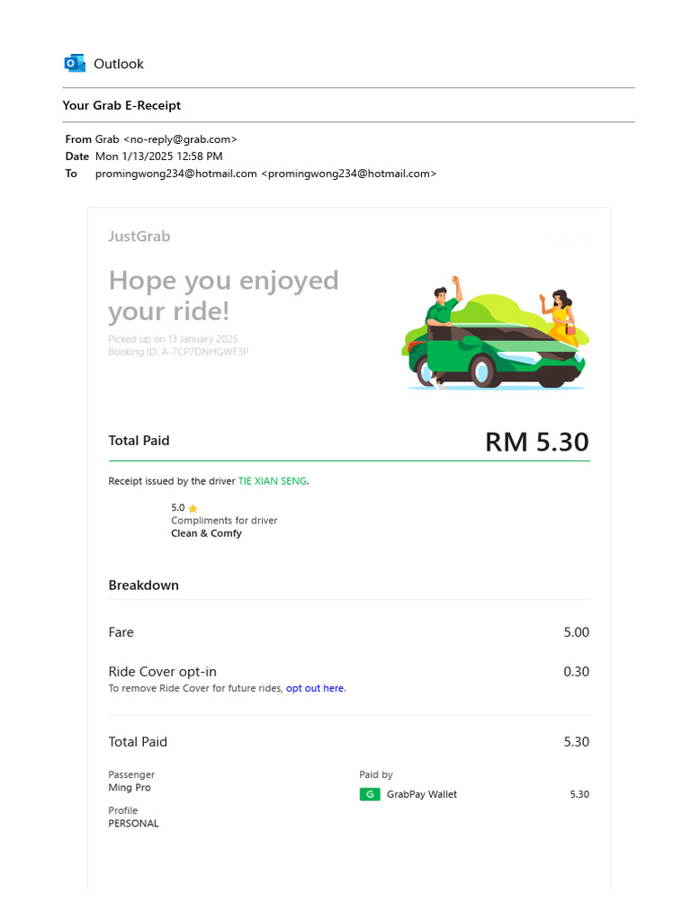Grab E-Receipt for Ride on Jan 13, 2025 | PDF