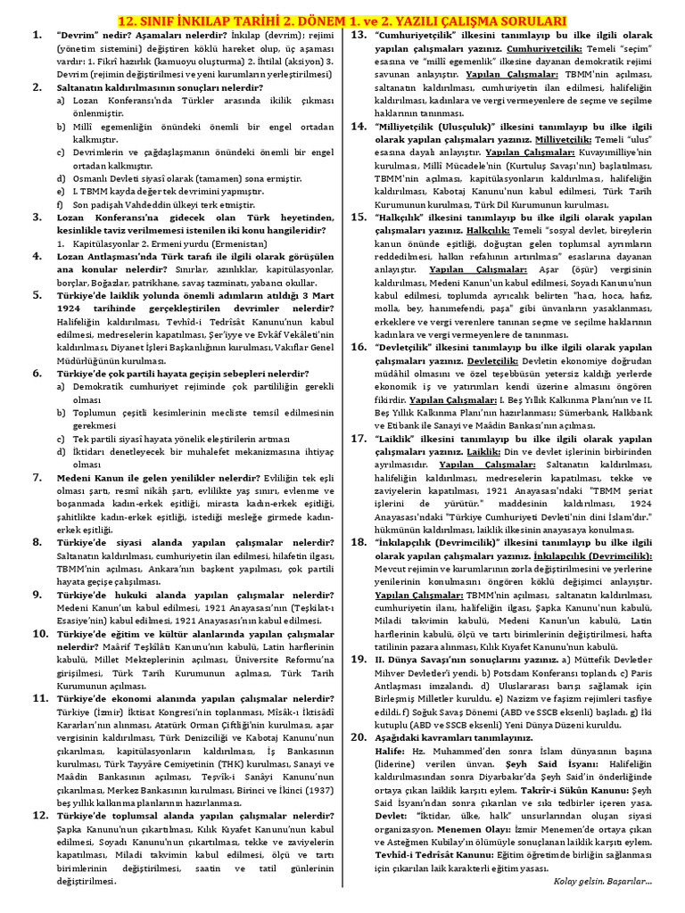 12 İnk. Tar. 2. Dön. 1. Yaz. Çaliş. Sor | PDF