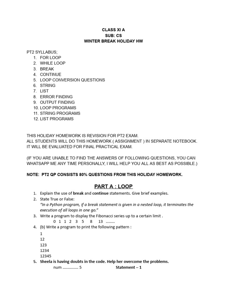 Class XI CS Holiday Homework for PT2 | PDF | Control Flow | Software Development