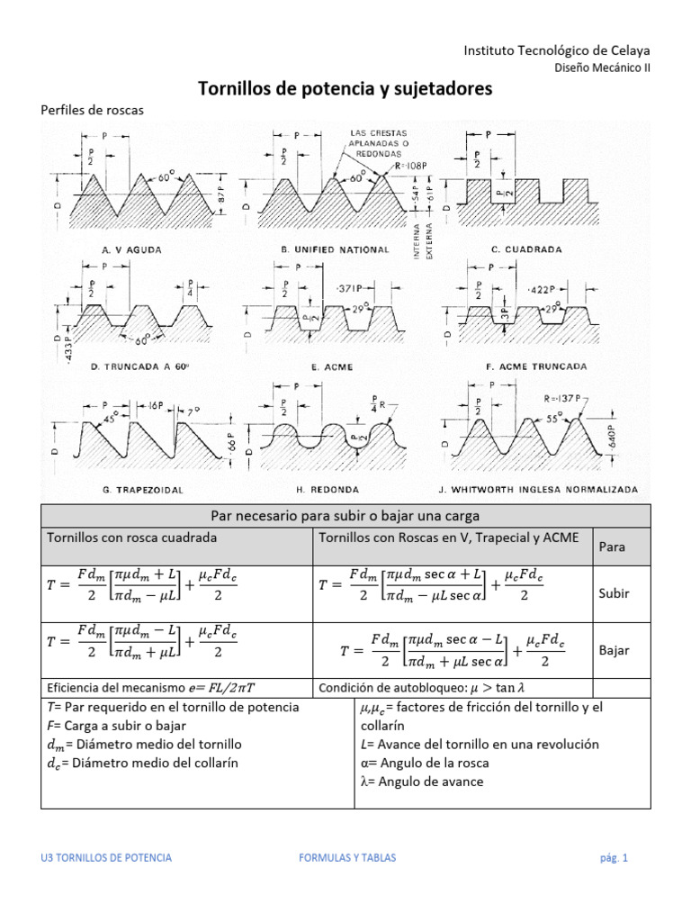 Formulas y Tablas Tornillos de Potencia 100624 | PDF | Tornillo | Materiales de construcción